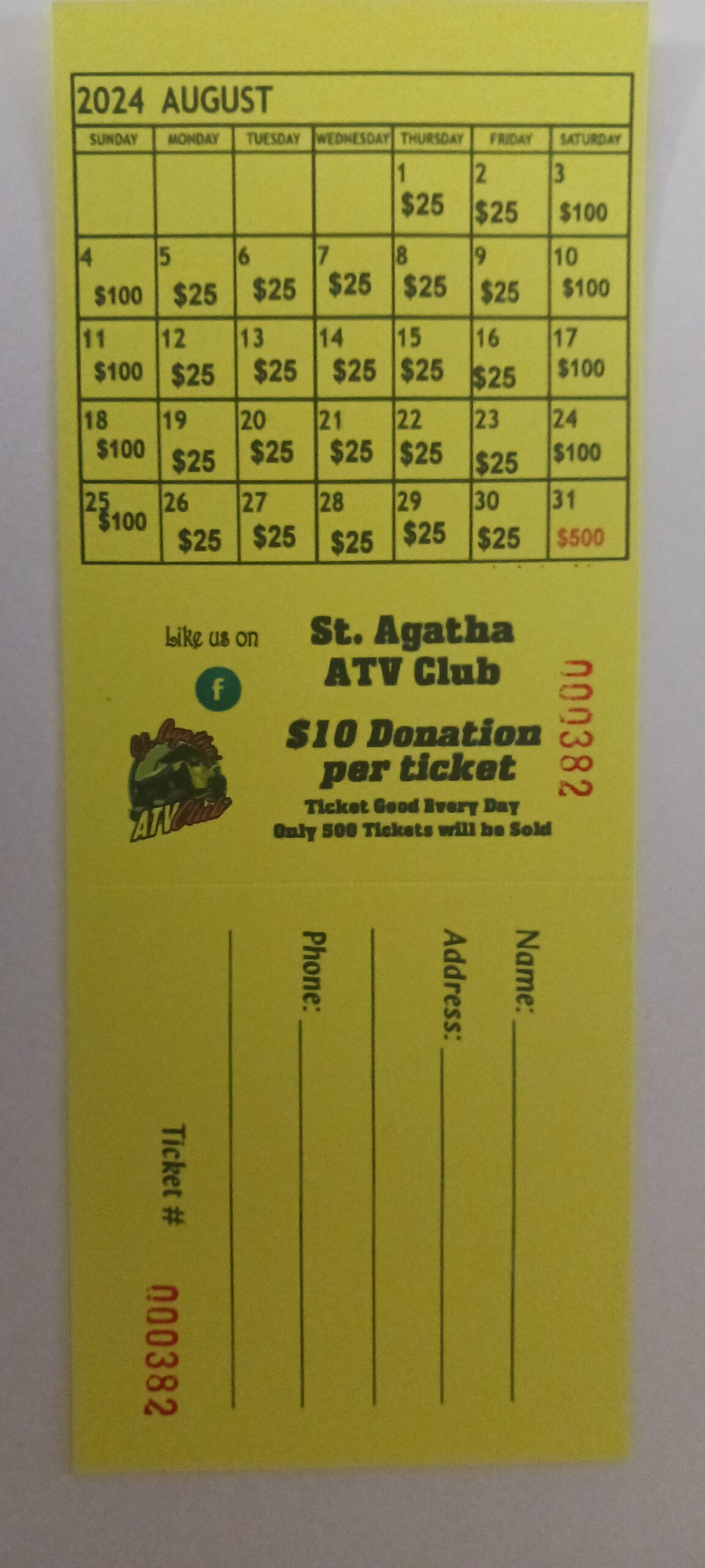 Calendar Raffle Ticket - St Agatha ATV Club